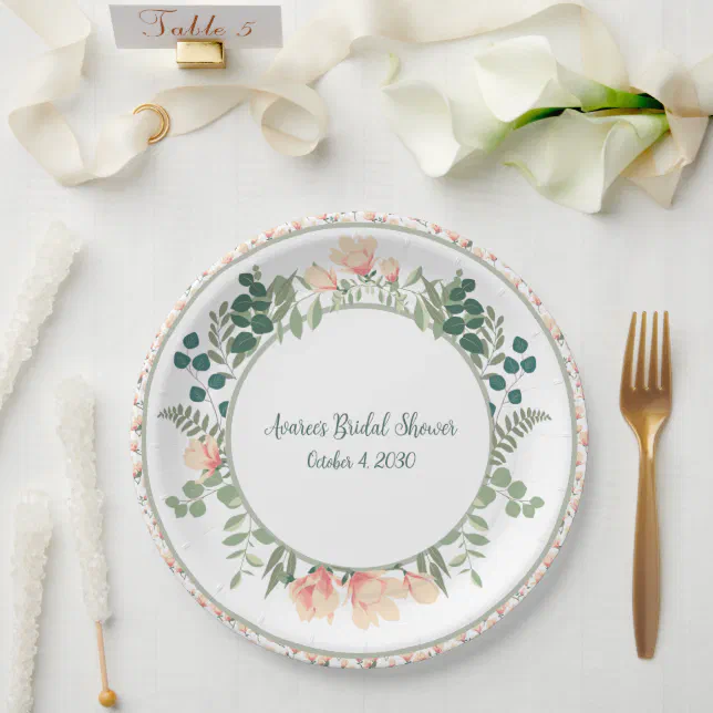 Pink Magnolia Flowers and Greenery Bridal Shower Paper Plates | Zazzle