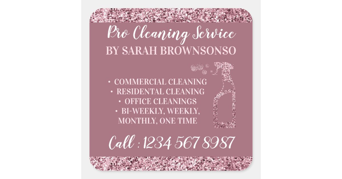 Pink Maid Janitorial sparkle glitter Cleaning Square Sticker | Zazzle