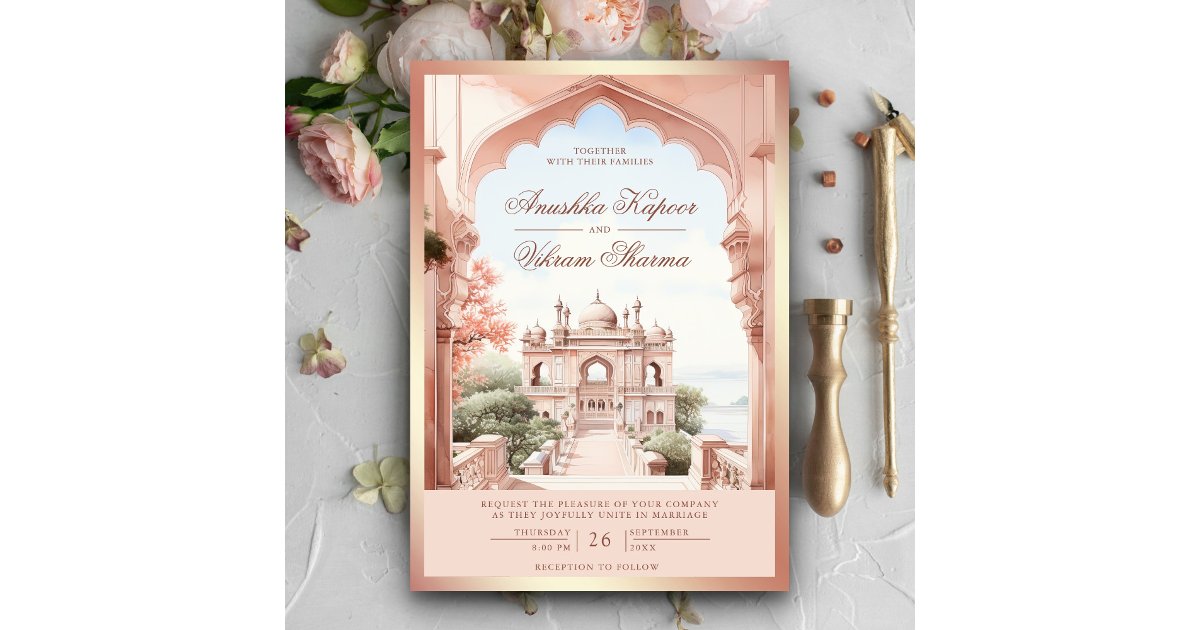Pink Marble Arch Photo Indian Palace Wedding Invitation | Zazzle