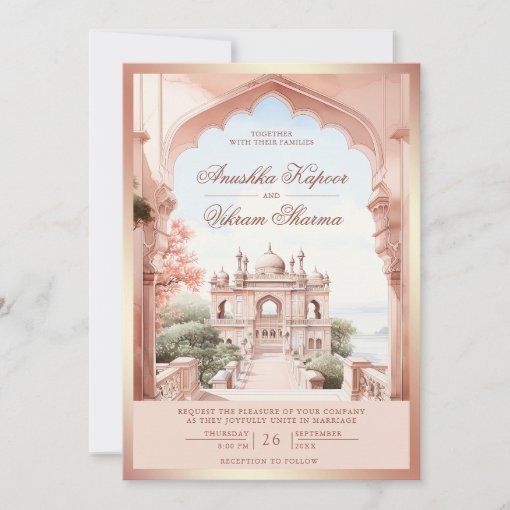 Pink Marble Arch Photo Indian Palace Wedding Invitation | Zazzle