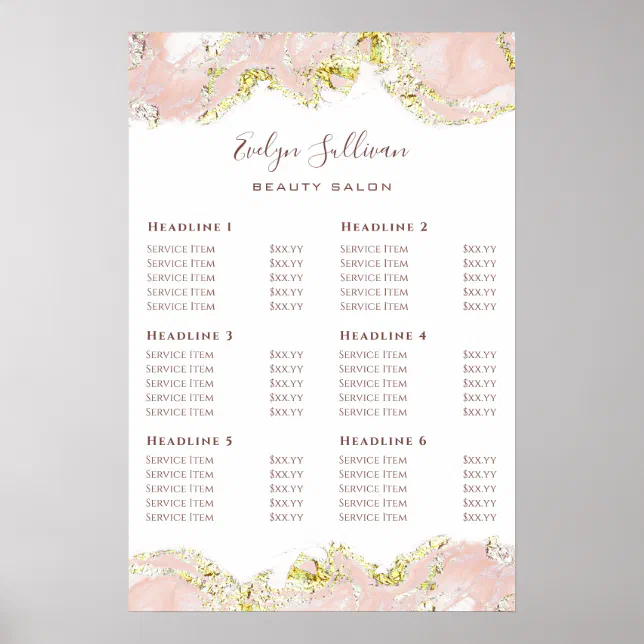 Pink Marbling Design Price List Poster | Zazzle