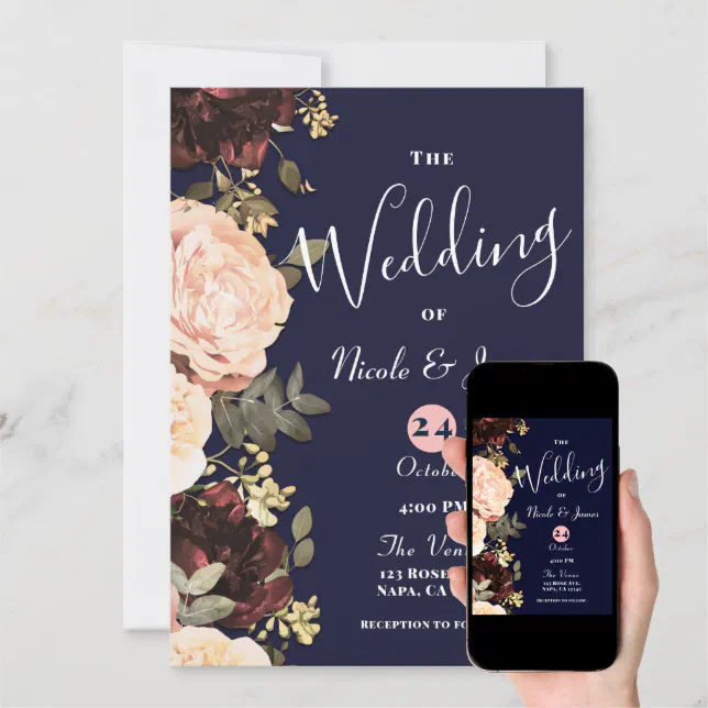 Pink & Maroon Floral Greenery Navy Blue Wedding Invitation | Zazzle