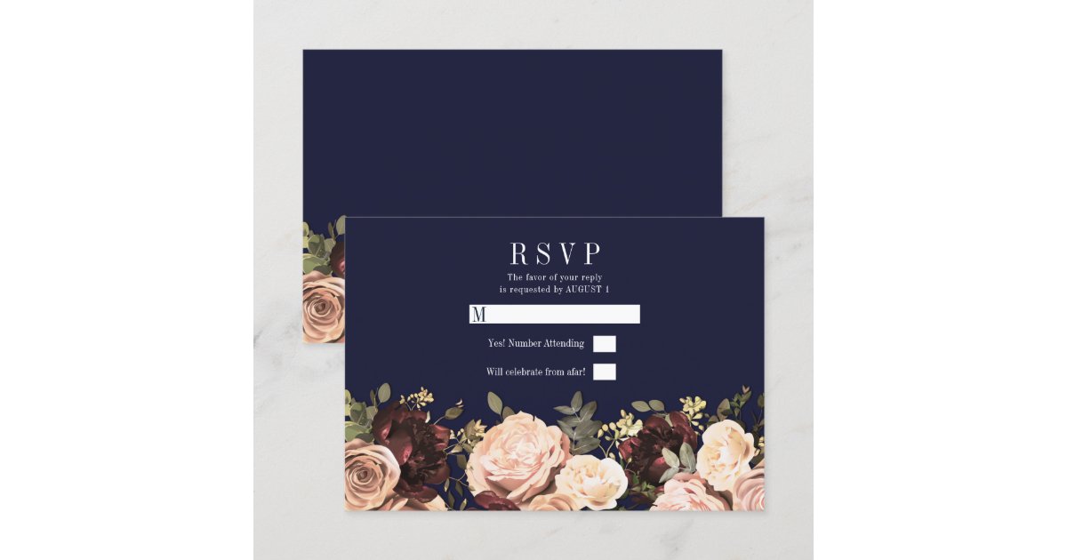 Pink Maroon Floral Greenery Navy Blue Wedding RSVP Invitation | Zazzle