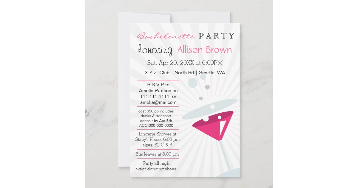 pink Martini Mod Bachelorette Party Invitation | Zazzle