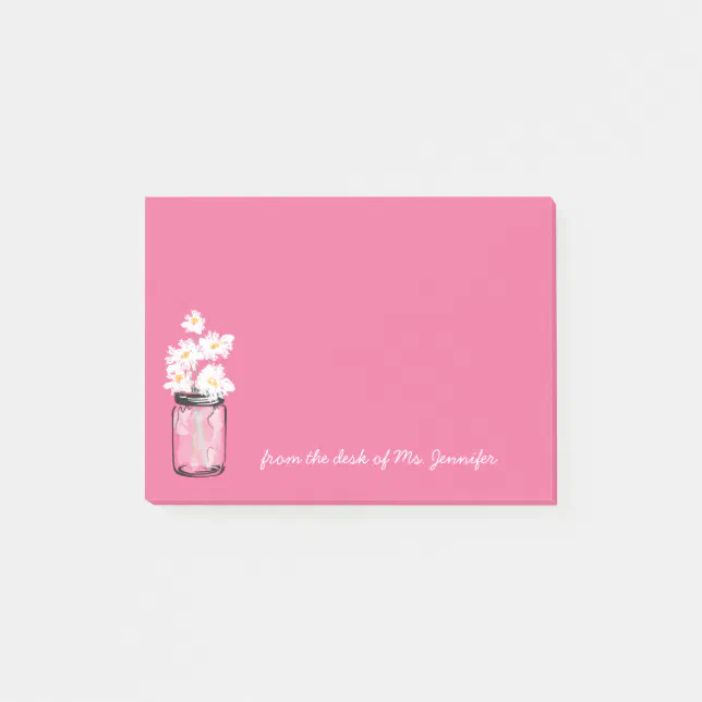 Pink Mason Jar White Daisy Floral Personalize Note | Zazzle
