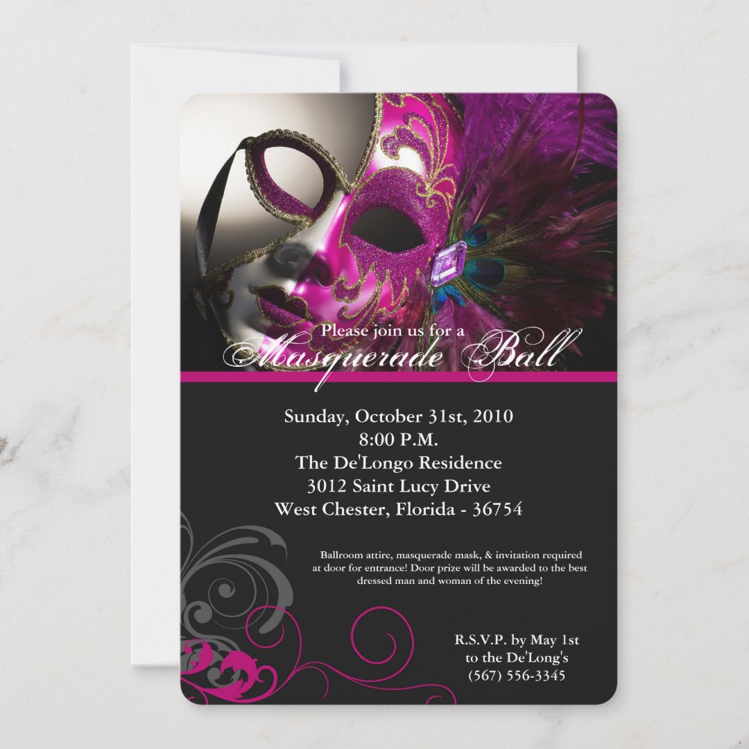 Pink Masquerade Ball Mask Costume Halloween Part Invitation | Zazzle