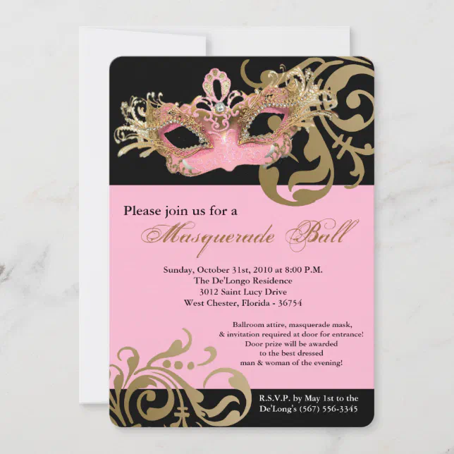Pink Masquerade Mask Ball Costume Halloween Invitation | Zazzle