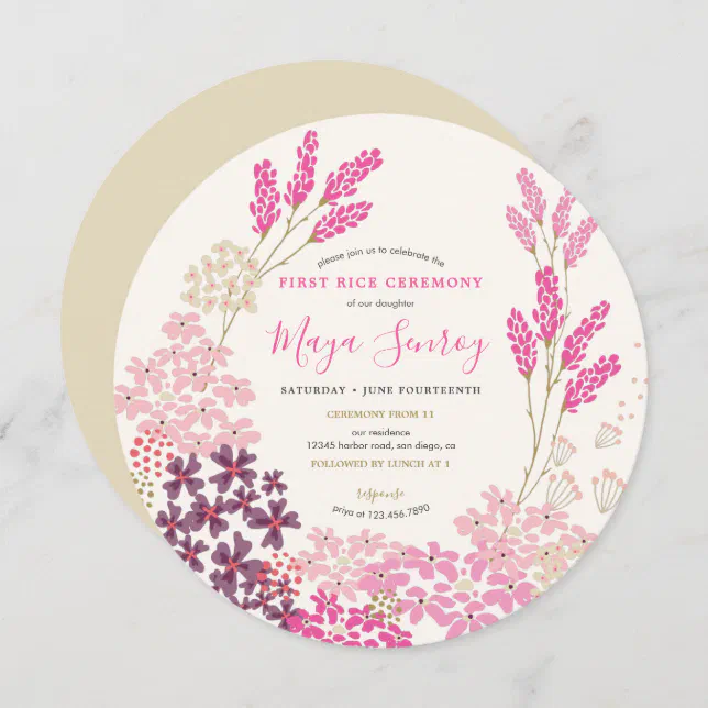 Pink Meadow First Rice Ceremony Invitation | Zazzle