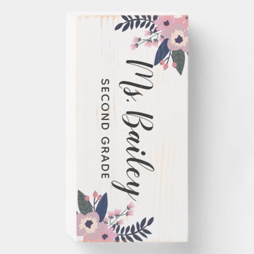 Pink Meadow | Floral Teacher Name Classroom Wooden Box Sign | Zazzle