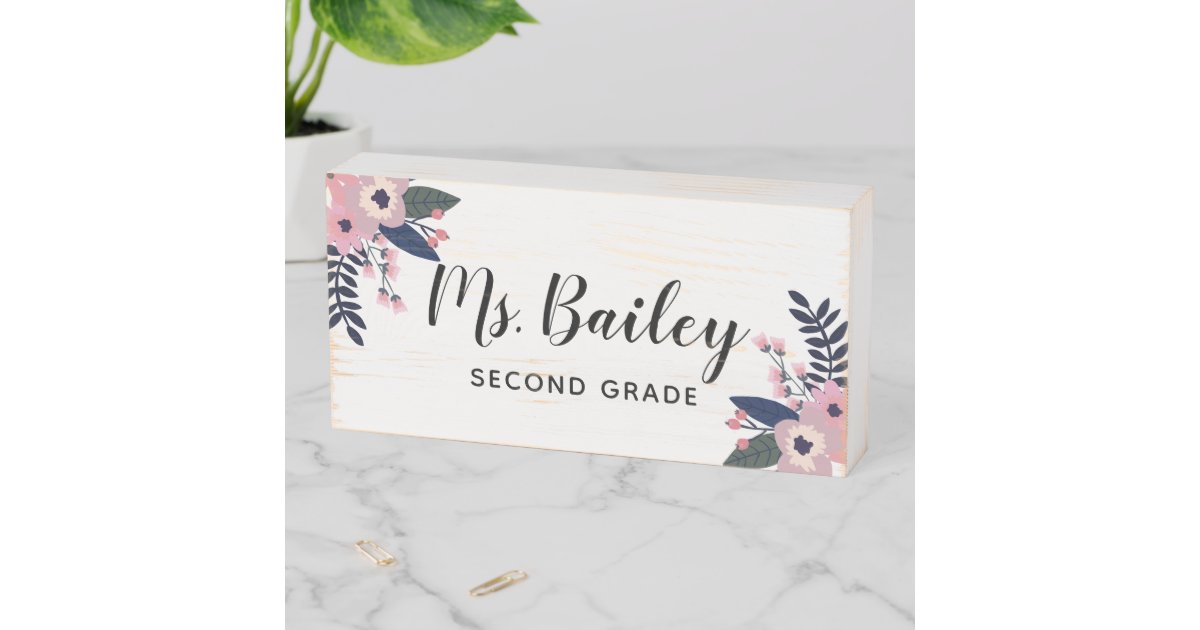 Pink Meadow | Floral Teacher Name Classroom Wooden Box Sign | Zazzle.com
