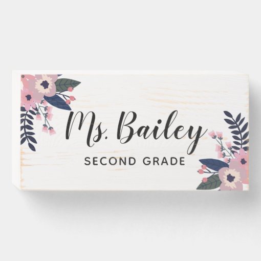 Pink Meadow | Floral Teacher Name Classroom Wooden Box Sign | Zazzle