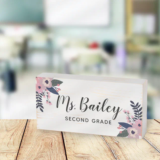 Pink Meadow | Floral Teacher Name Classroom Wooden Box Sign | Zazzle