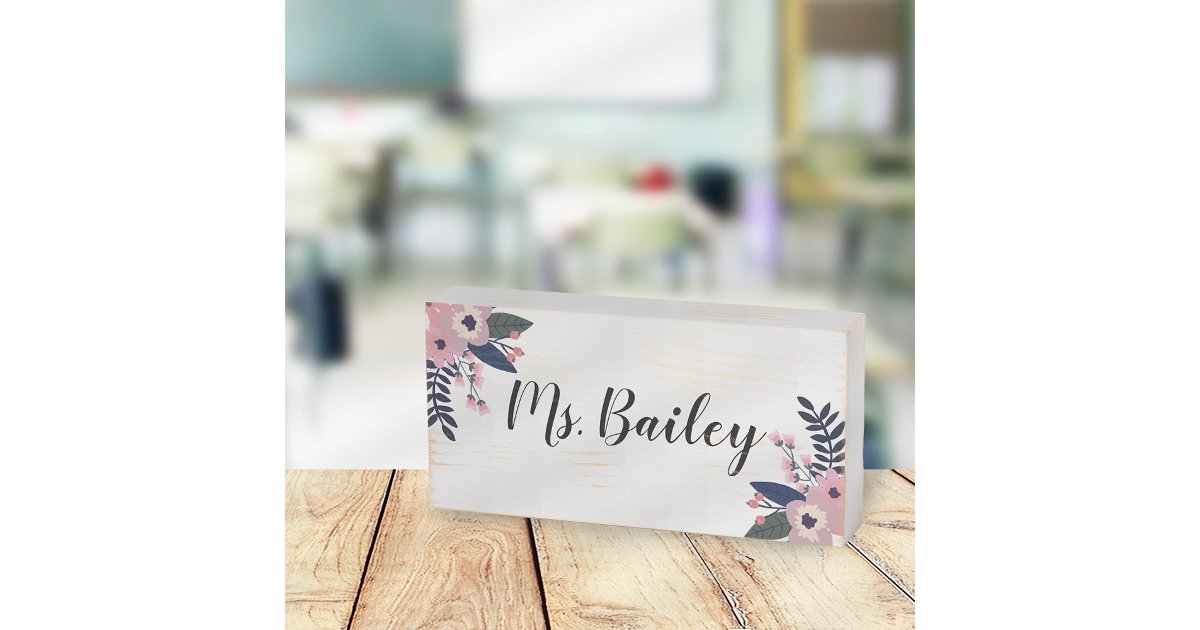 Pink Meadow | Floral Teacher Name Classroom Wooden Box Sign | Zazzle