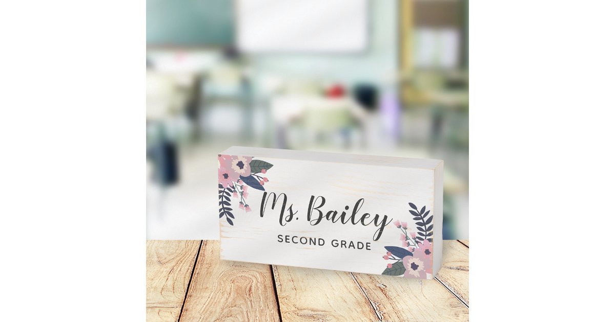 Pink Meadow | Floral Teacher Name Classroom Wooden Box Sign | Zazzle