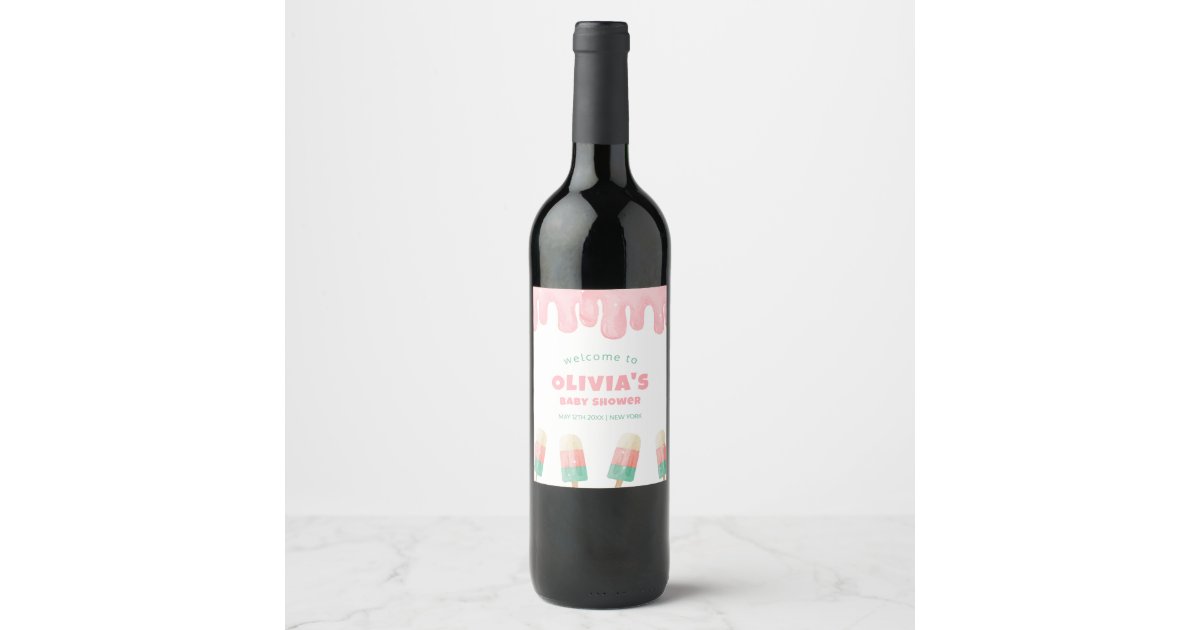 Pink Melt Ice Cream Pop Baby Shower Welcome Wine Label | Zazzle