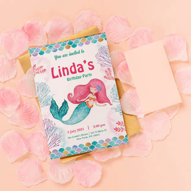 pink mermaid Party Birthday Invitation | Zazzle