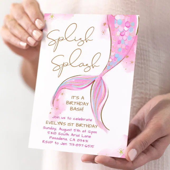 Pink Mermaid Splish Splash Girl Birthday Invitation | Zazzle