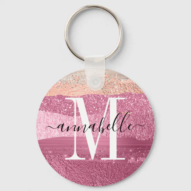 Pink Metallic Brushed Glitter Sparkle Monogram Keychain | Zazzle