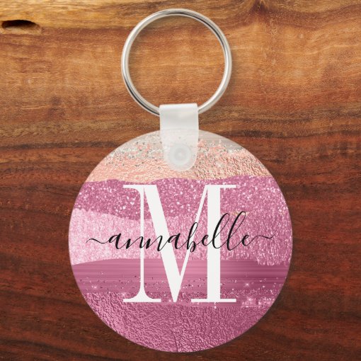 Pink Metallic Brushed Glitter Sparkle Monogram Keychain | Zazzle