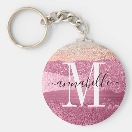 Pink Metallic Brushed Glitter Sparkle Monogram Keychain | Zazzle.com