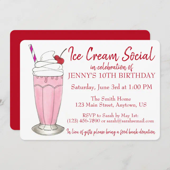 Pink Milkshake Ice Cream Social Birthday Party Invitation | Zazzle