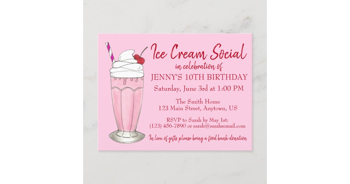 Pink Milkshake Ice Cream Social Birthday Party Invitation Postcard | Zazzle