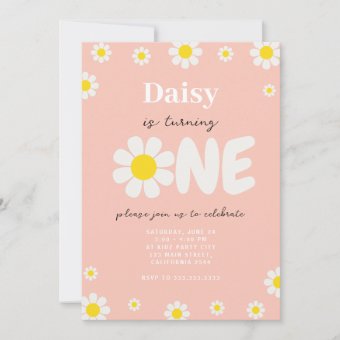 Pink Minimal Cute Daisy Script 1st Birthday Party Invitation | Zazzle