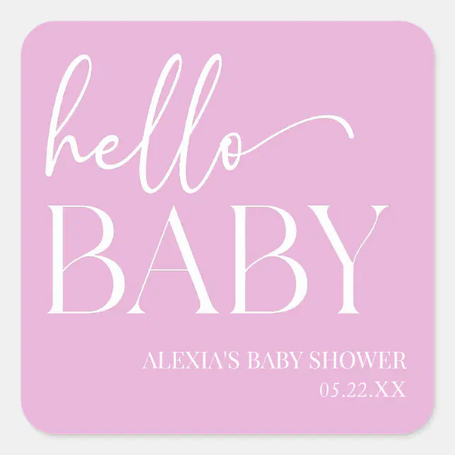 Pink Minimalist Hello Baby Baby Shower Square Sticker | Zazzle