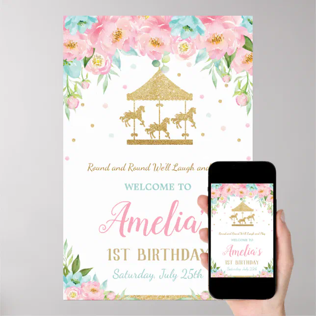 Pink Mint Floral Carousel 1st Birthday Welcome Poster | Zazzle