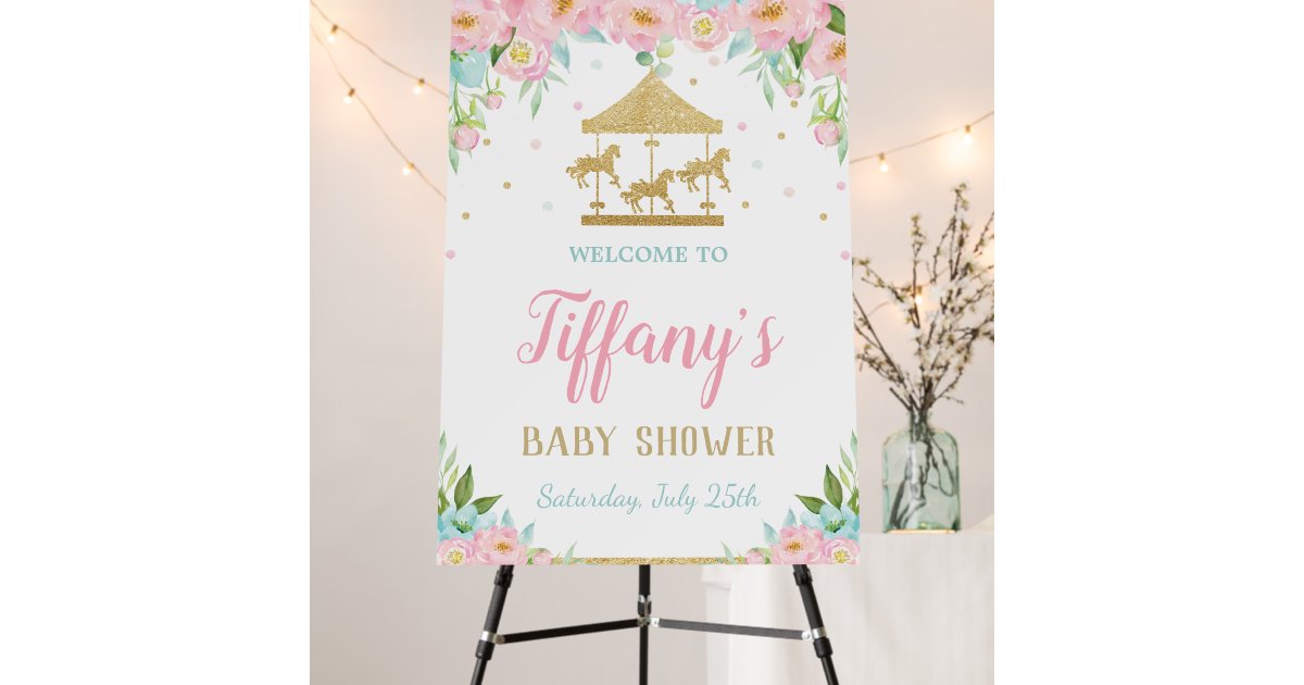 Pink Mint Floral Carousel Baby Shower Welcome Foam Board | Zazzle