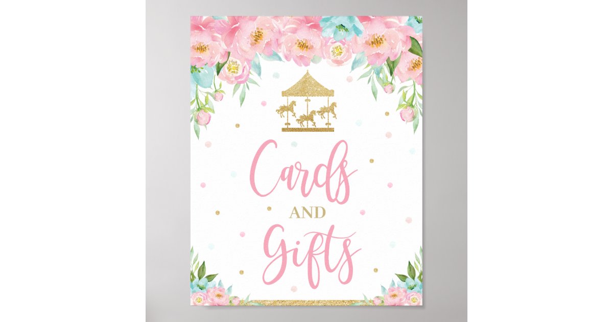 Pink Mint Floral Carousel Birthday Cards and Gifts Poster | Zazzle
