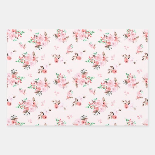 Pink & Mint Watercolor Floral and Subtle Stripes Wrapping Paper Sheets ...