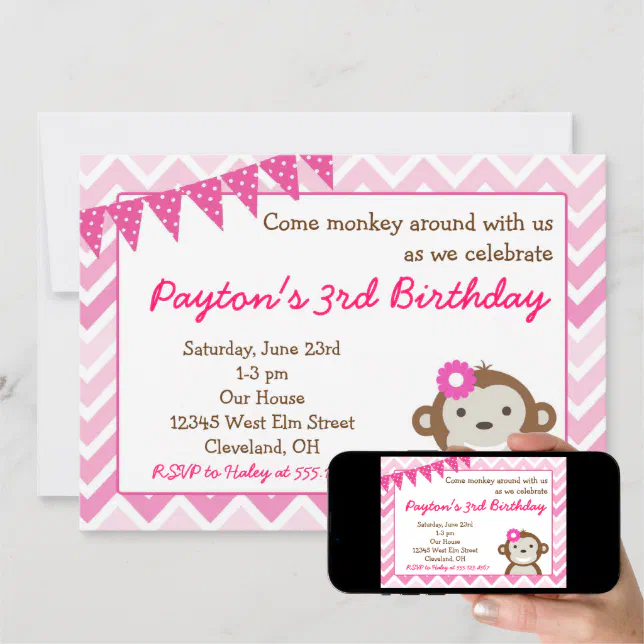 Pink Mod Monkey Birthday Party Invitation | Zazzle