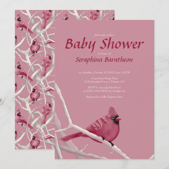 Pink Modern Christmas Cardinal Bird Baby Shower Invitation | Zazzle