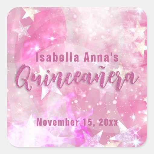 Pink Modern Glam Gleaming Starry Quinceañera Square Sticker | Zazzle