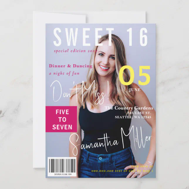 Pink Modern Magazine Cover 2 Photos Sweet 16 Invitation | Zazzle