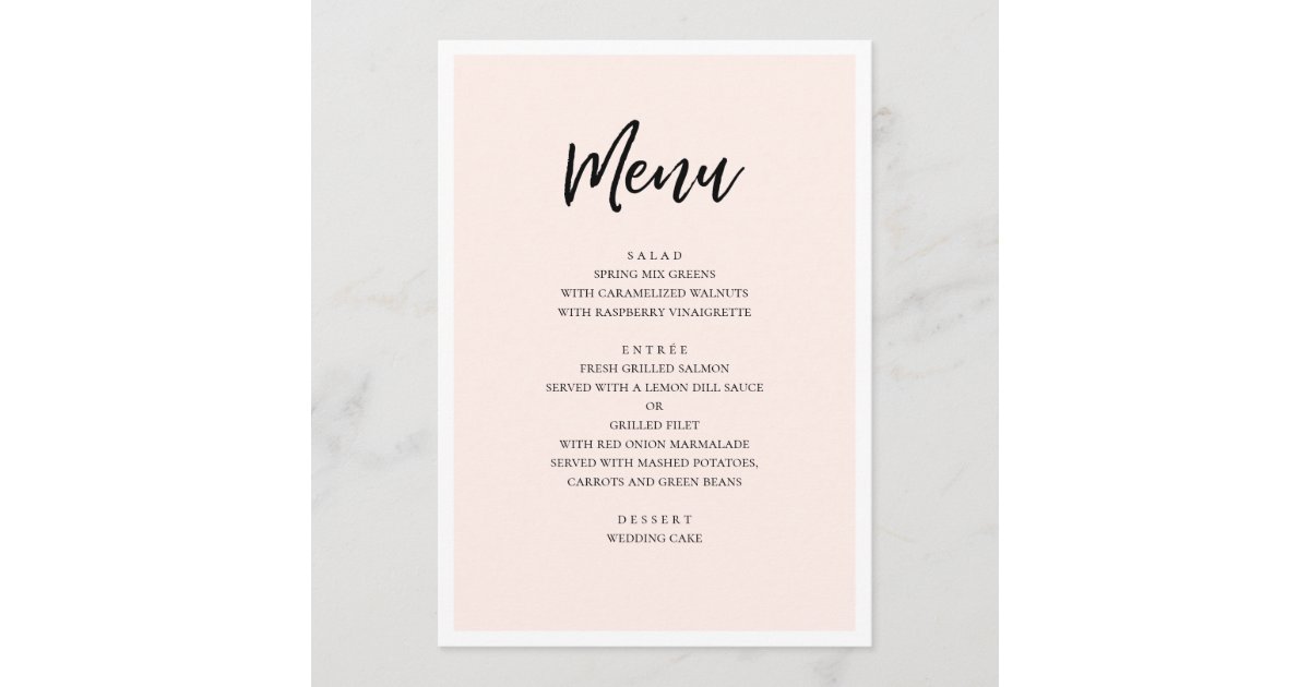 Pink modern wedding. Simple blush minimalist Menu | Zazzle