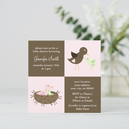 Pink Mom and Baby Bird Baby Shower Invitation | Zazzle