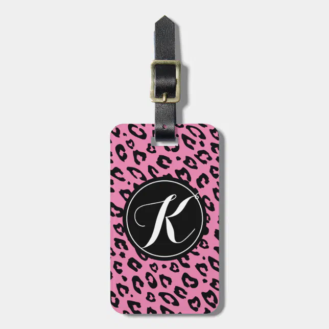 Pink monogrammed leopard print luggage tag | Zazzle
