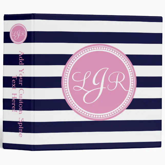 Pink Monogrammed Navy Blue Stripe Personalized 3 Ring Binder | Zazzle