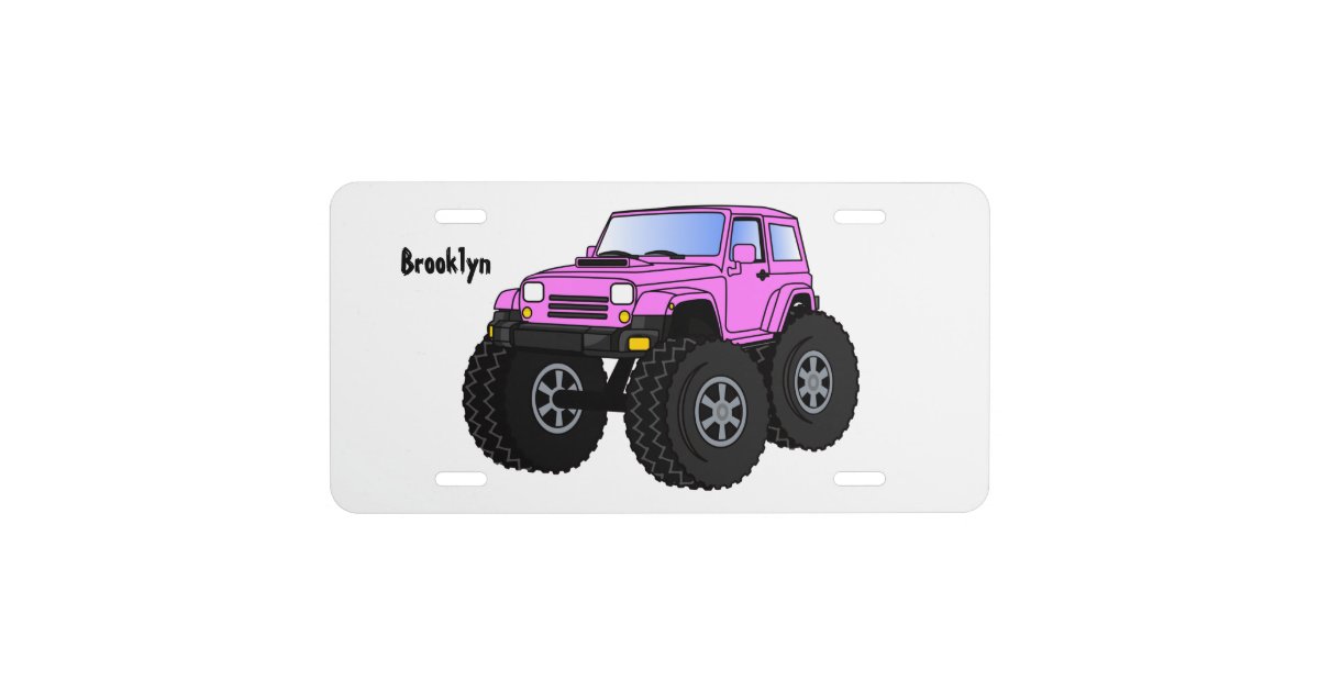Pink monster truck cartoon illustration license plate | Zazzle