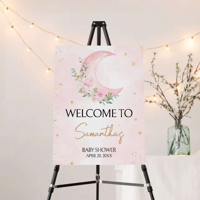 Pink Moon and Stars Baby Shower Welcome Sign | Zazzle