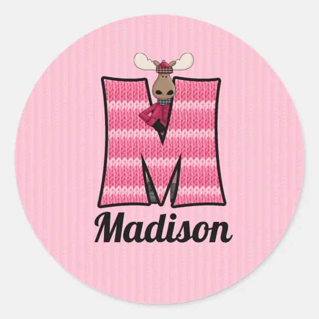 Pink Moose Monogram Letter M Classic Round Sticker | Zazzle