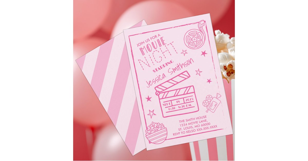 Pink Movie Night Party Birthday Invitation | Zazzle