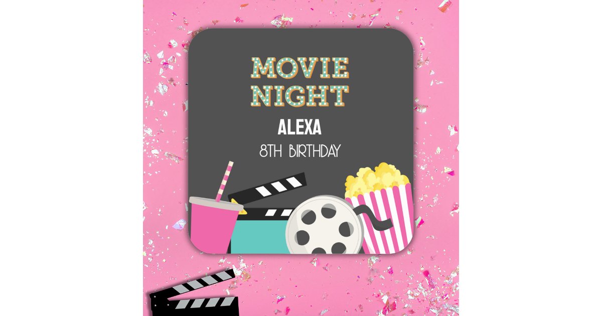 PINK MOVIE NIGHT SQUARE STICKER | Zazzle