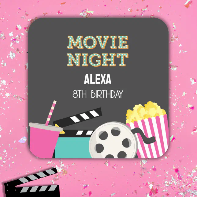 PINK MOVIE NIGHT SQUARE STICKER | Zazzle