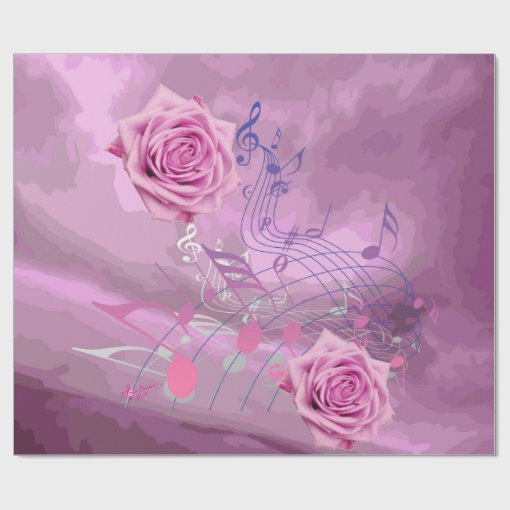 Pink Music Notes & Roses Wrapping Paper | Zazzle