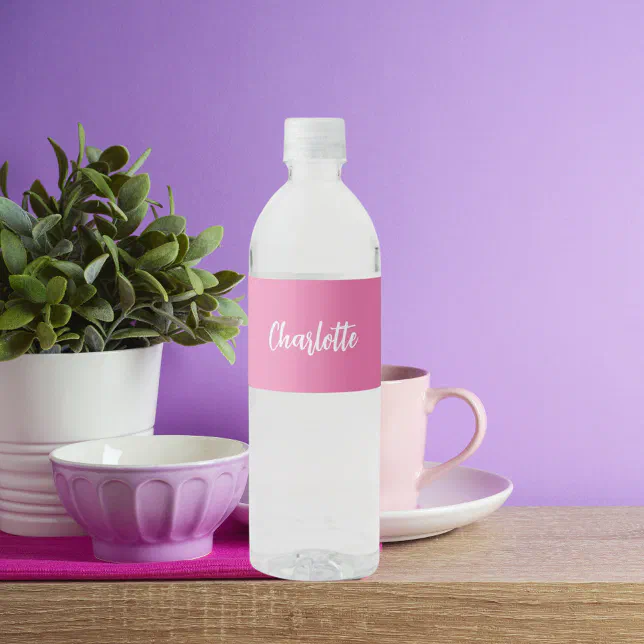 Pink name script water bottle label | Zazzle