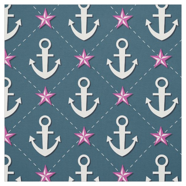 Pink and Navy Nautical Anchor Print Fabric | Zazzle.com