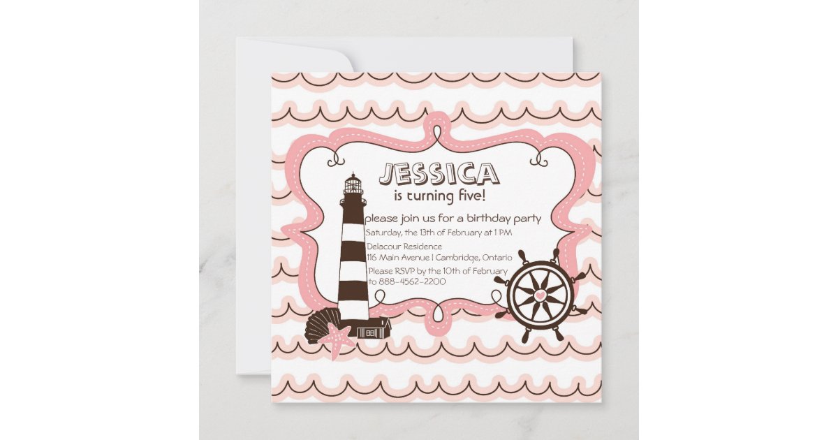 Pink Nautical Lighthouse Birthday Invitation | Zazzle